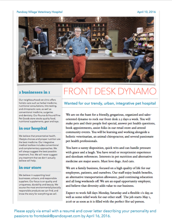 Front Desk Dynamo Wanted - Pandosy Vet